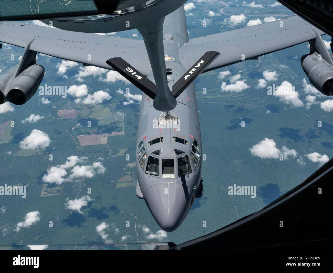 A KC-135 Stratotanker with the 914th Air Refueling Wing, New York, refuels a B-52 Stratofortress ...