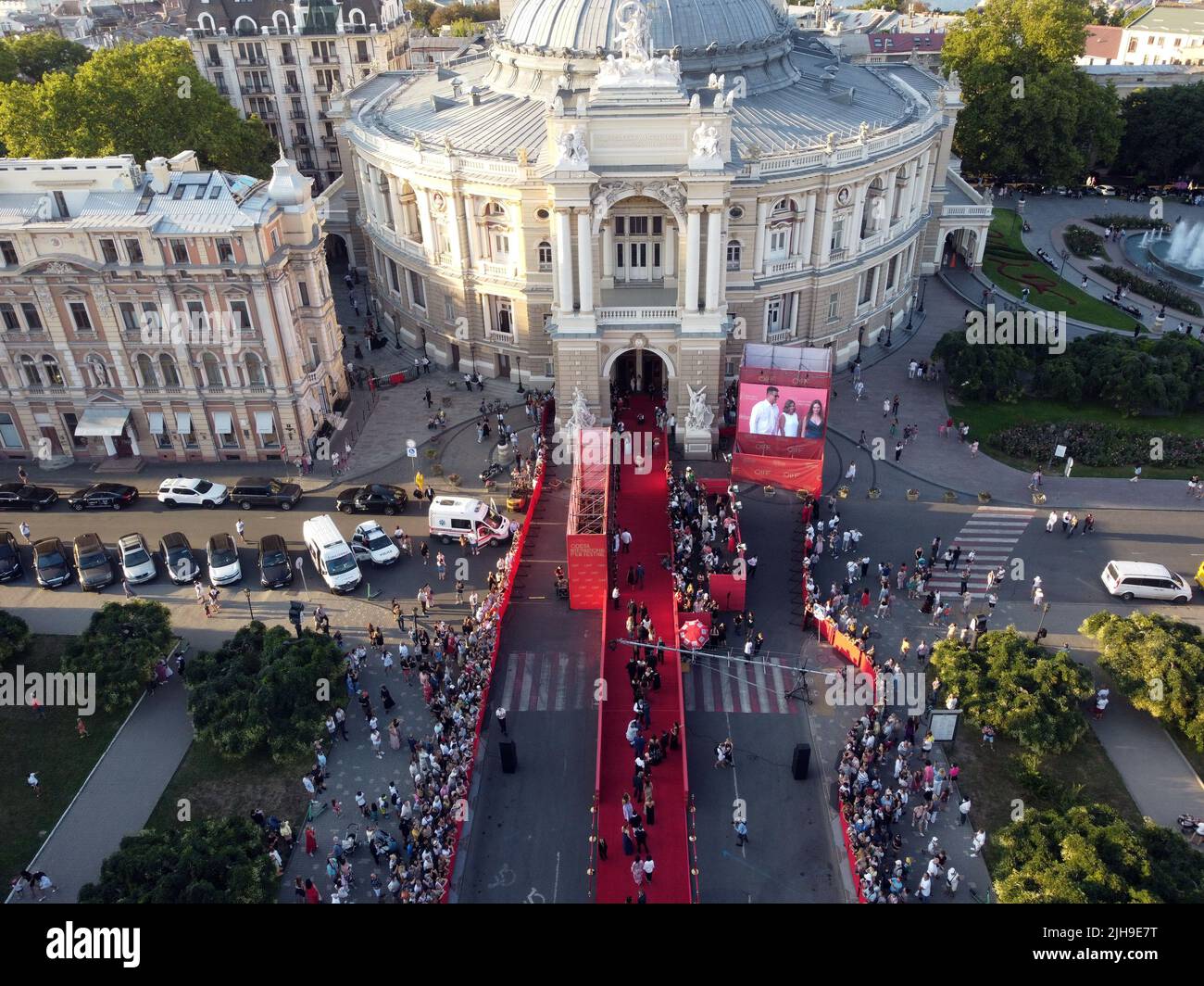 (EDITOR'S NOTE: Image taken with drone)Aerial view of red carpet guests ...