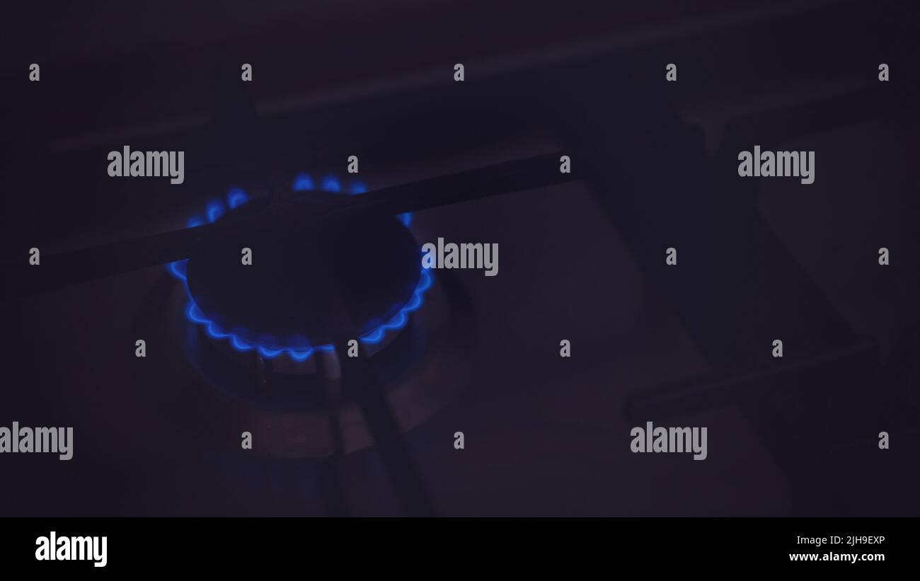 Closeup of blue gas flame on domestic kitchen stove. Gas cooker with ...