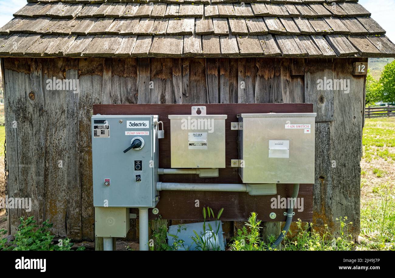 Pump switch and electrical boxes on an old wood building in central ...