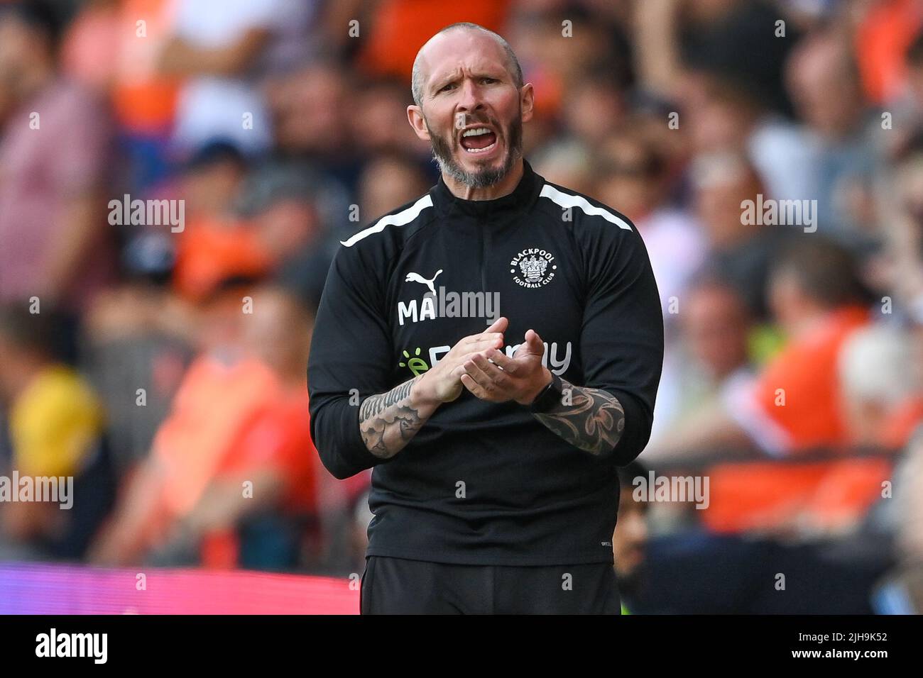 Michael Appleton manager of Blackpool gives his team instructions Stock ...