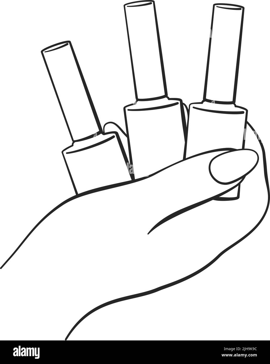 Female hand holding a set of three nail polish bottles as a vector line ...