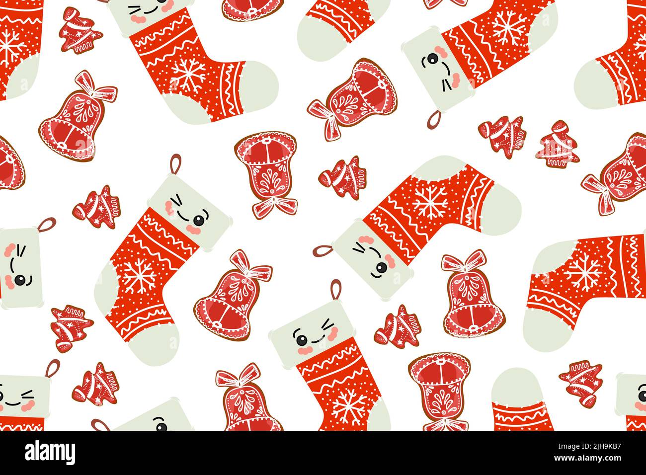 Christmas seamless pattern with kawaii cute christmas sock. cartoon ...