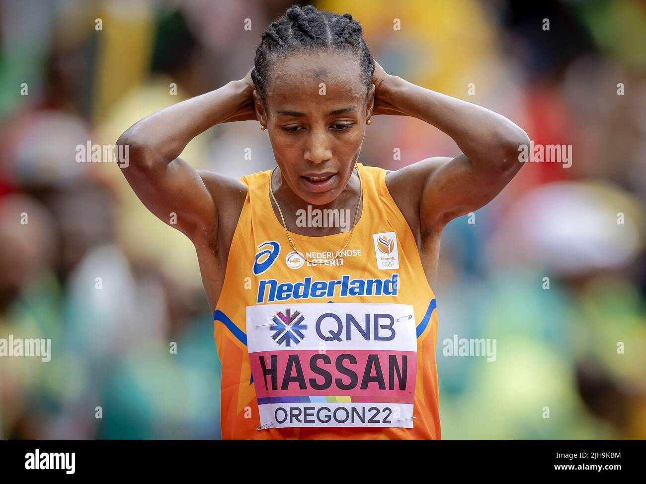 EUGENE - Dutch athlete Sifan Hassan reacts after finishing fourth in ...