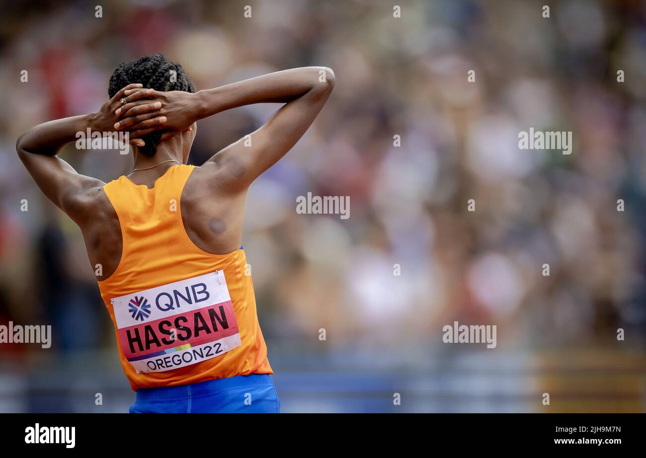 EUGENE - Dutch athlete Sifan Hassan reacts after finishing fourth in ...