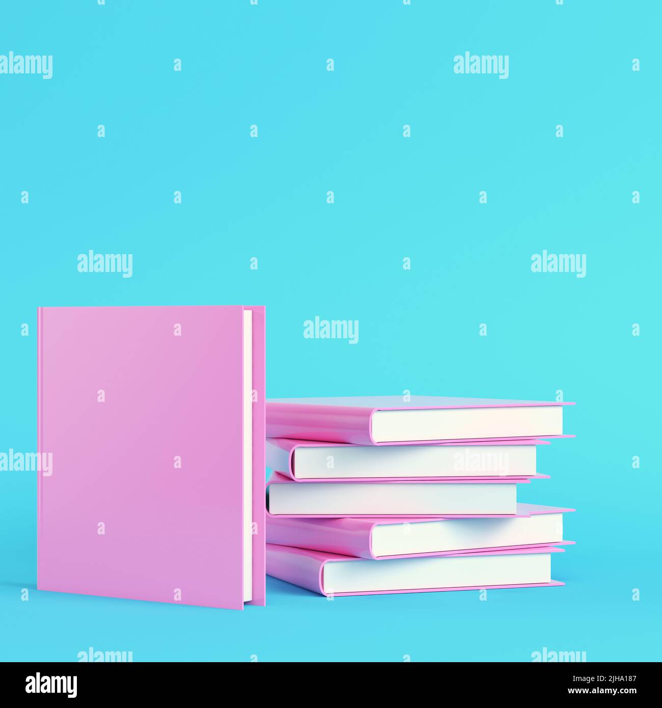 Pink stack of books on bright blue background in pastel colors ...