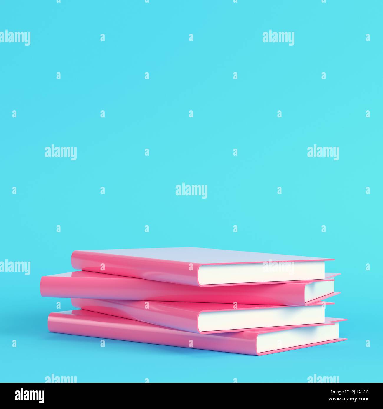 Pink stack of books on bright blue background in pastel colors ...