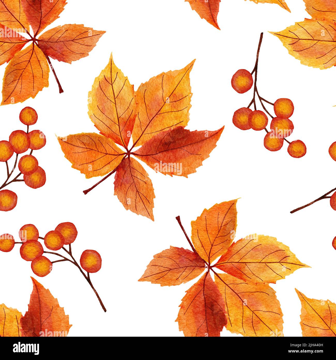 Watercolor hand drawn seamless pattern with red orange yellow fall ...
