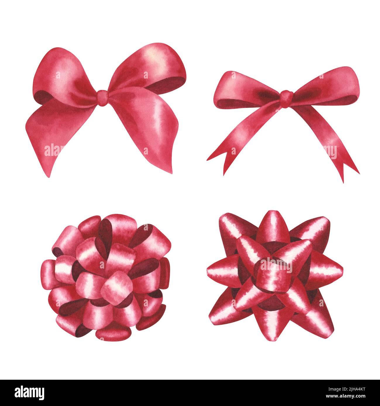 Red silk ribbon bows set isolated on white background. Watercolor hand ...