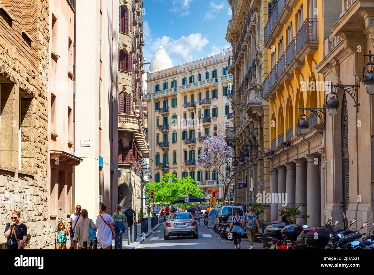 Barcelona Spain street scene in Gothic Quarter El Born district with a ...