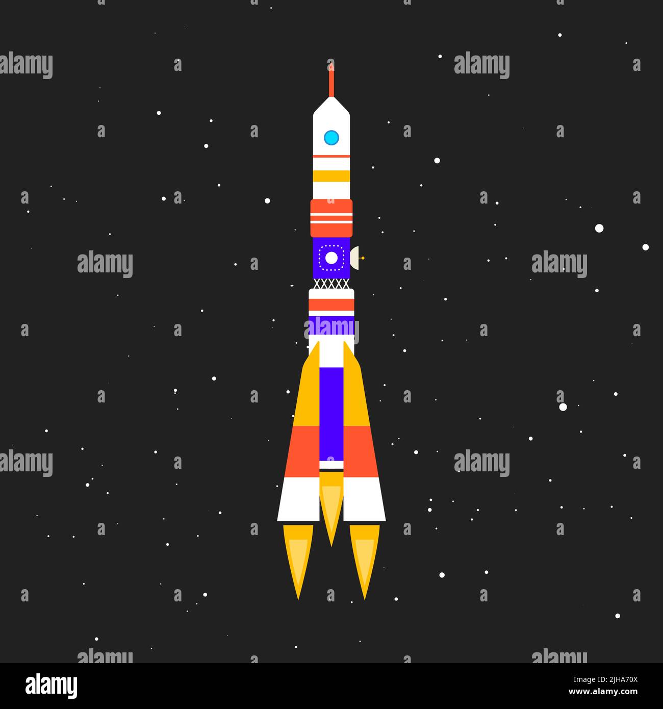 Multi-stage space rocket, launch vehicle. Soviet booster module. Flat ...