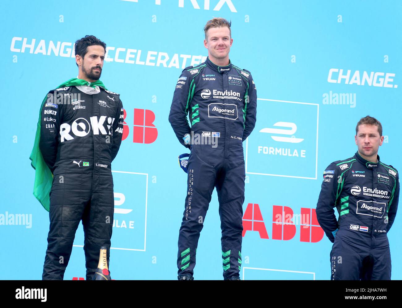 Nick Cassidy, Lucas Di Grassi and Robin Frijns on the podium during the ...