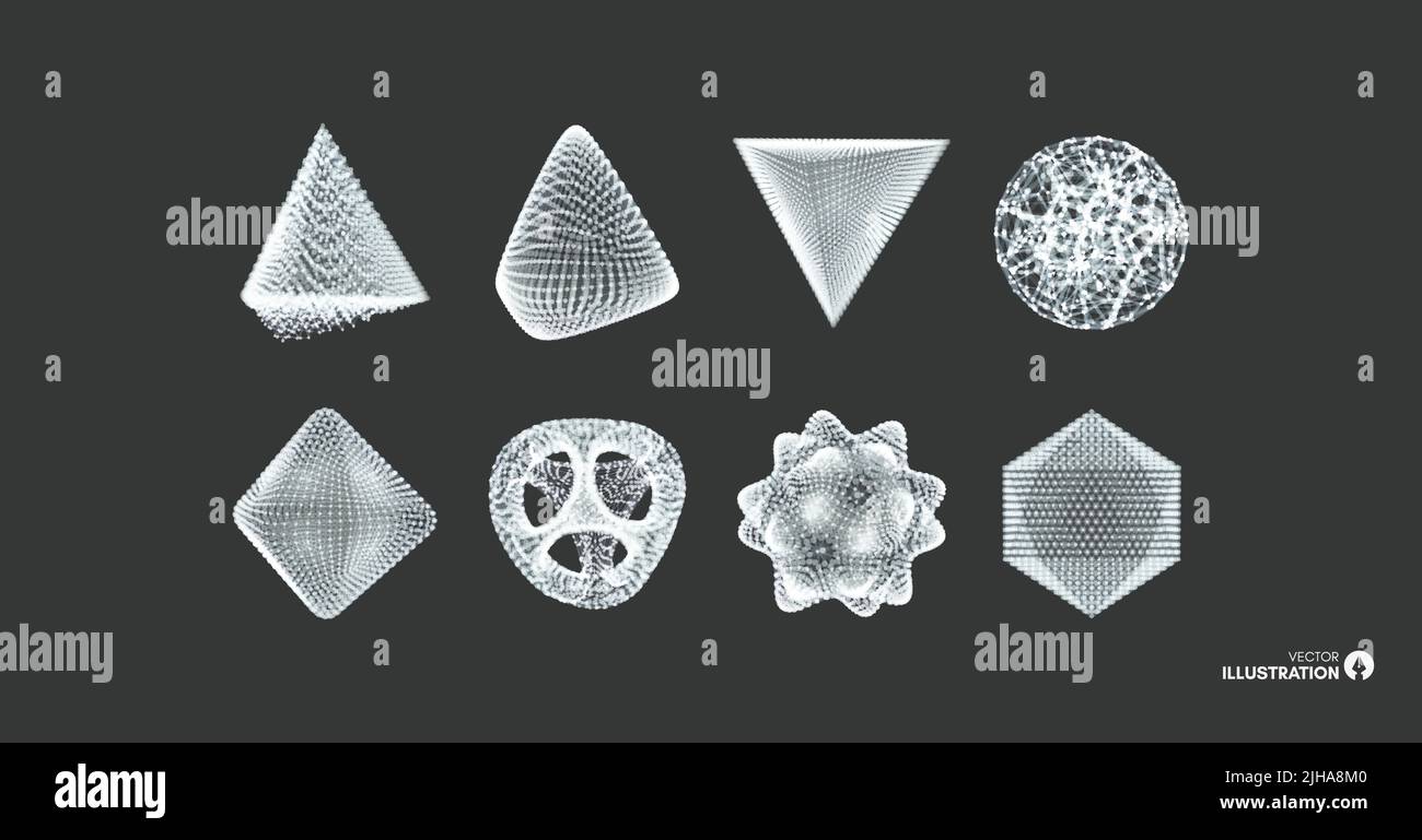 Sphere, octahedron and pyramid. Objects with lines and dots. Molecular ...