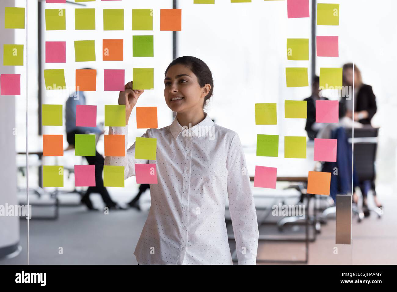 Happy confident young Indian business professional making project ...