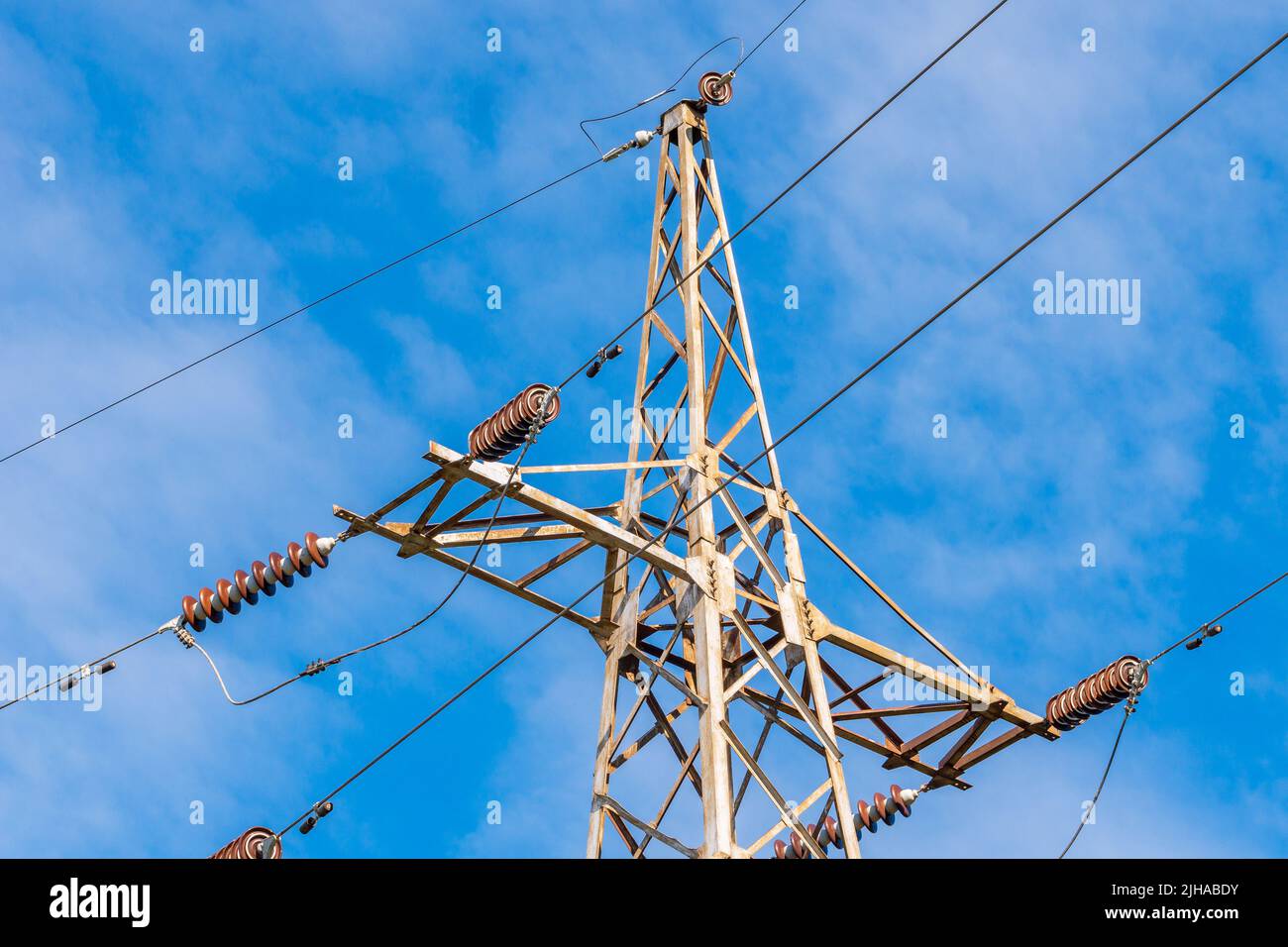 Power lines on metal poles with powerful power wires, industry Stock ...