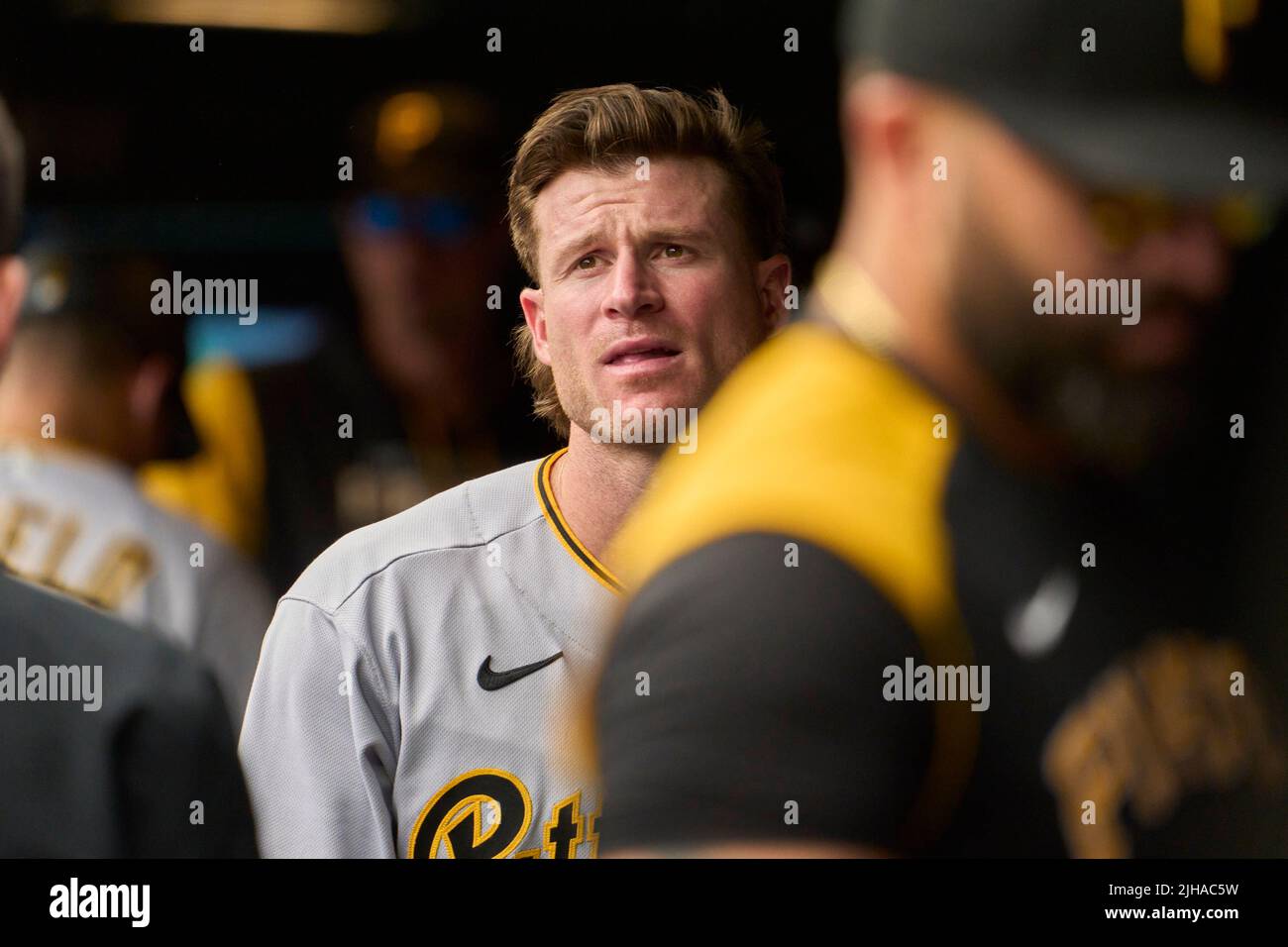 July 15 2022: Pittsburgh left fielder Ben Gamel (18) in the dugout ...