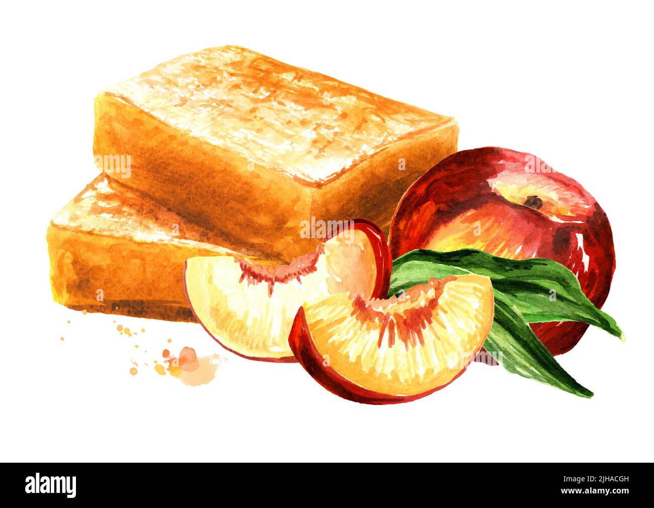 Homemade Peach fruit marmalade, jam, jelly. Hand drawn watercolor ...