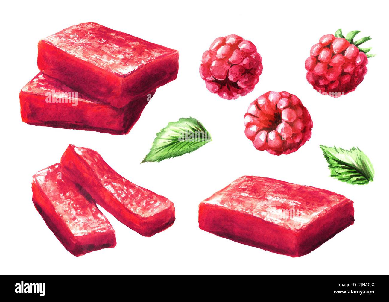 Homemade Raspberry fruit marmalade, jam, jelly set. Hand drawn ...
