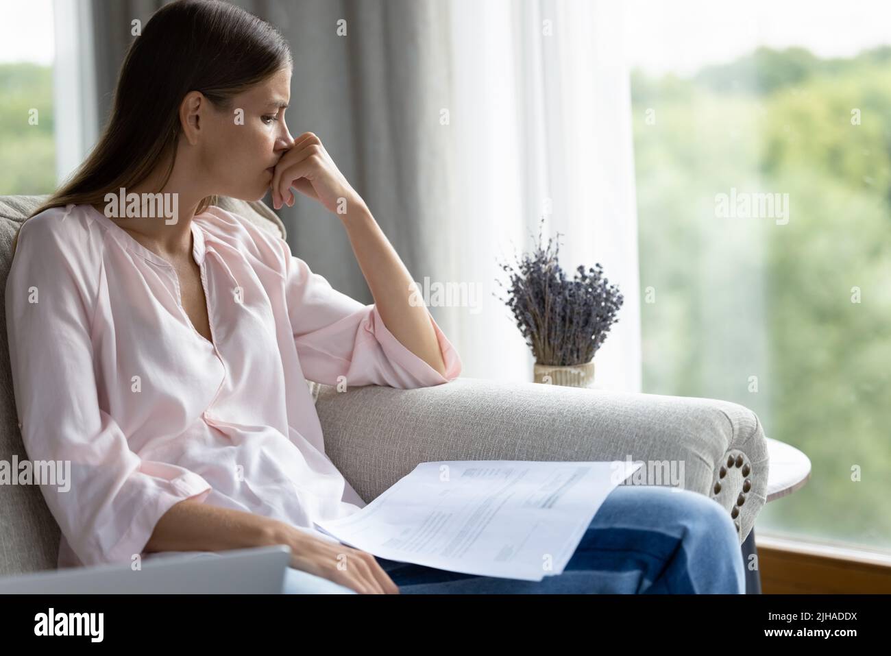 Sad woman get bank notification feels desperate looks frustrated Stock ...