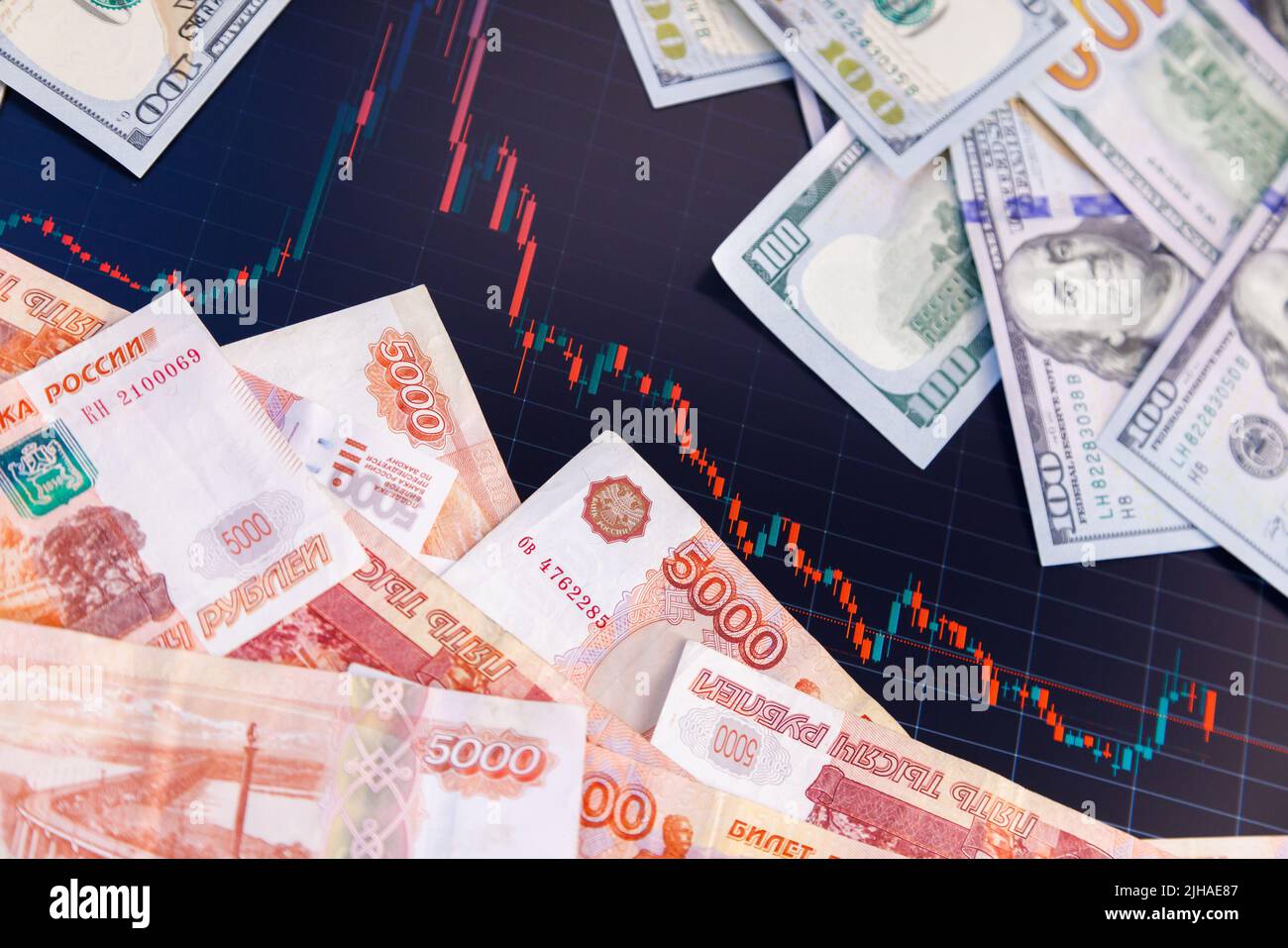 US dollar and russian ruble banknotes over digital screen with exchange ...