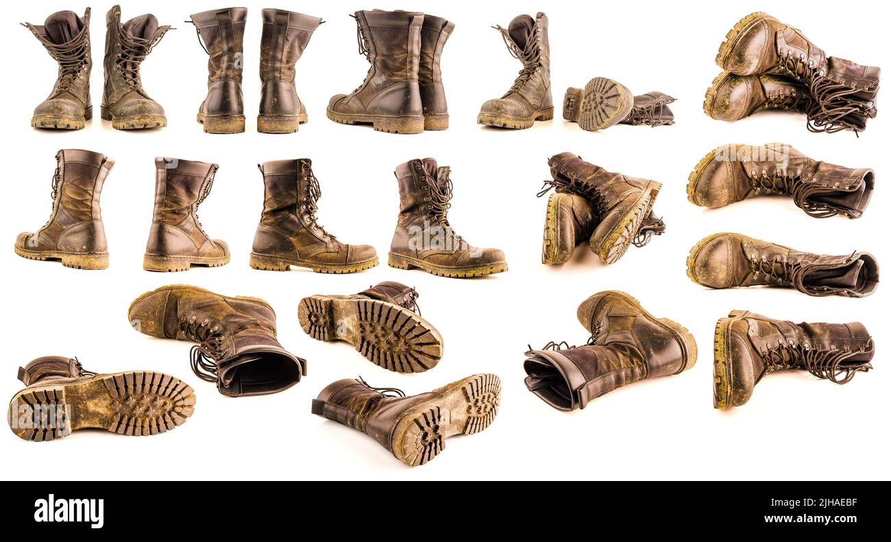 set of dirty military style light ankle boots isolated on white ...