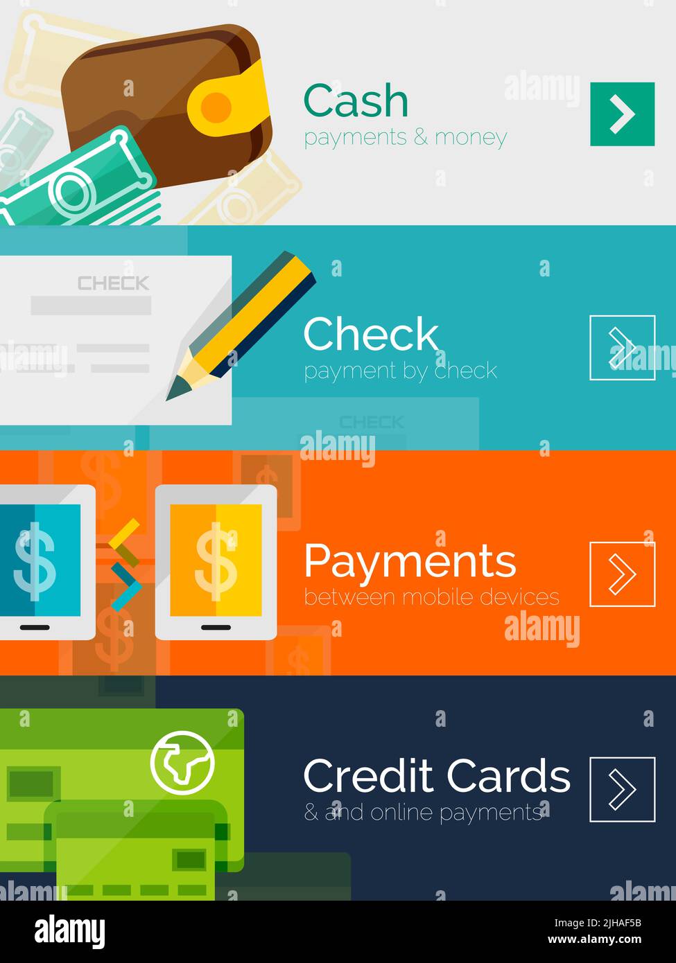 Set of flat design concepts - payment online. Cash, check, mobile ...