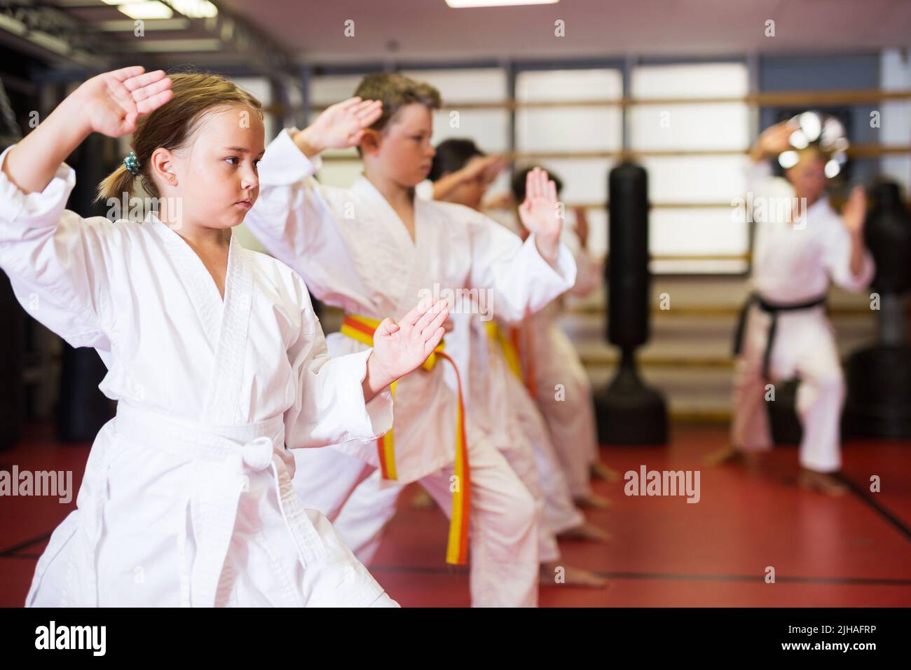 Kids in kimonos practicing karate techniques in group workout at training room Stock Photo - Alamy