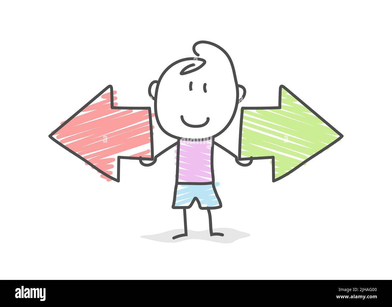 cartoon character holds the arrow to the right and left. An ...