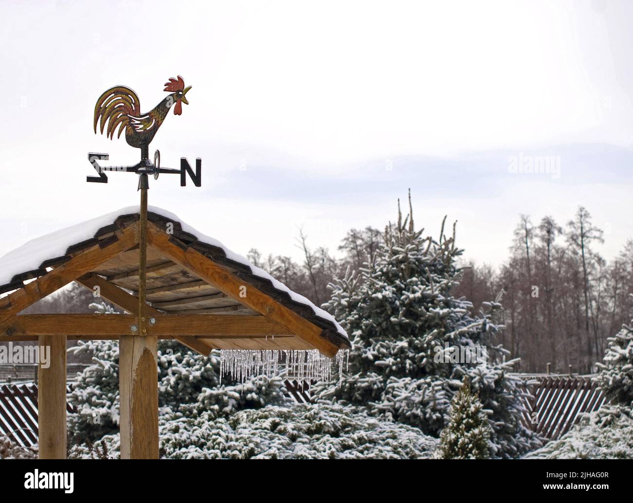 Rooster and wind rose on the roof and blue sky in the background Stock ...