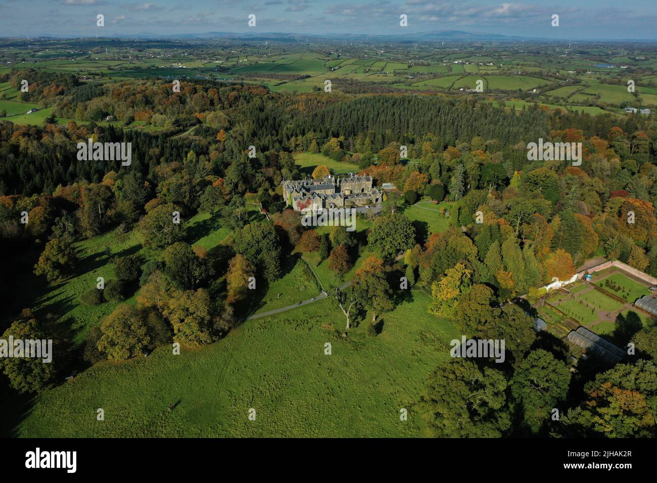 An aerial view of fortress ruins in the rural forests of Northern ...