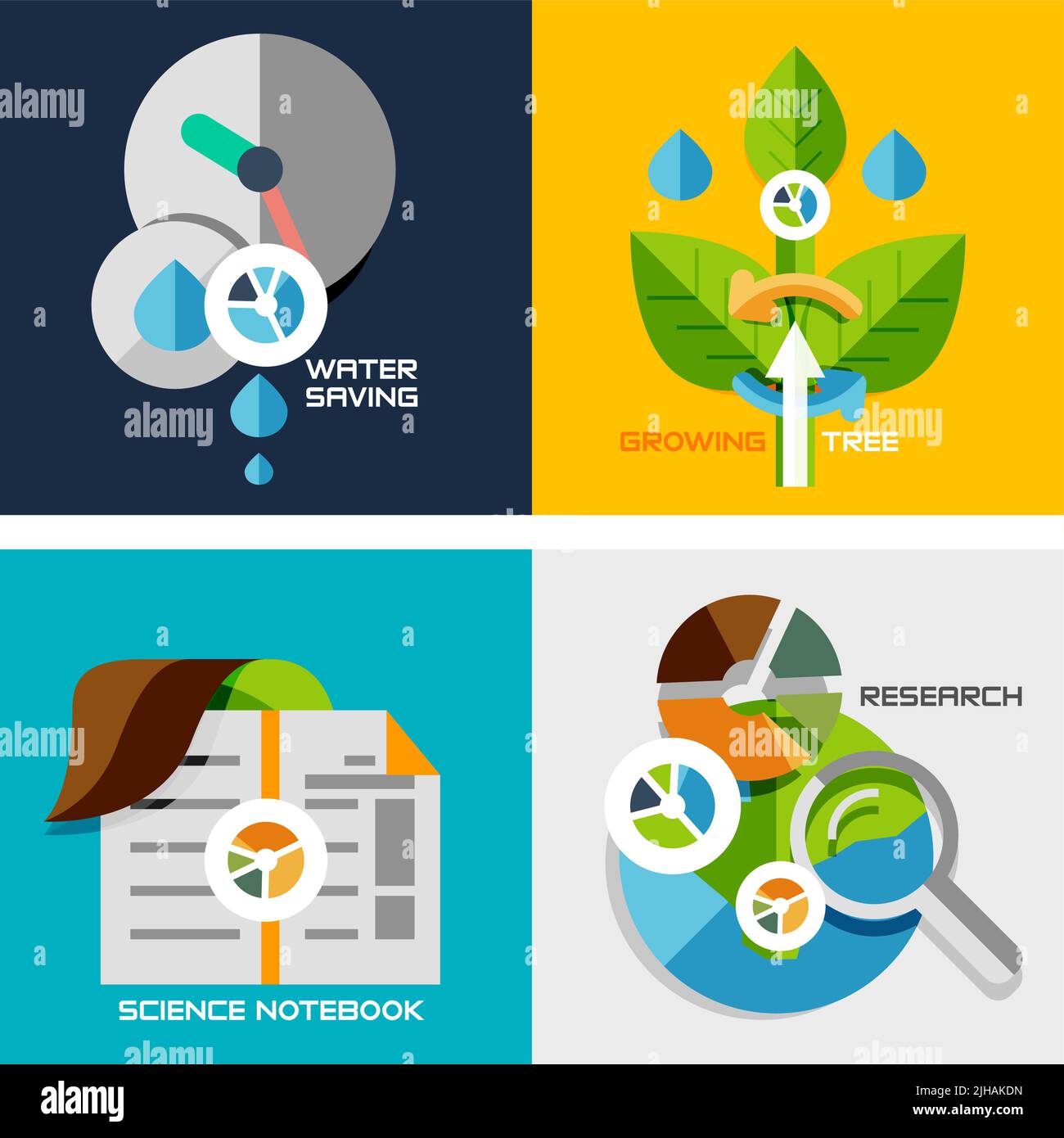 Set of flat design concepts - nature research. Water saving, plant ...