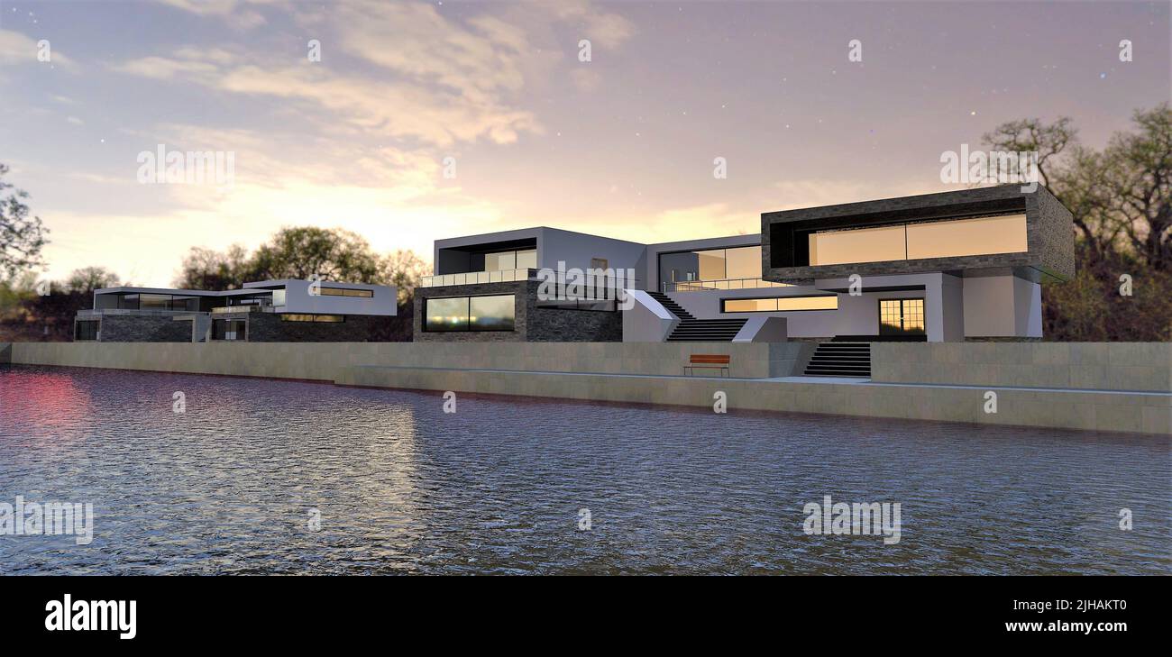 Amazing evening in the village on the river. Advanced high-tech houses ...