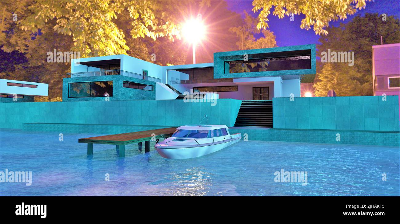 Chic high-tech country house on the river with its own pier. Romantic ...