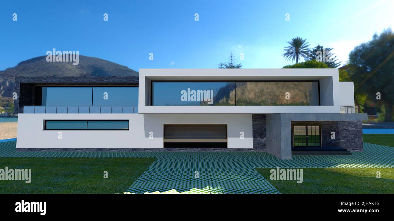 Cozy high-tech villa with a flat roof. Entrance to the house and garage ...