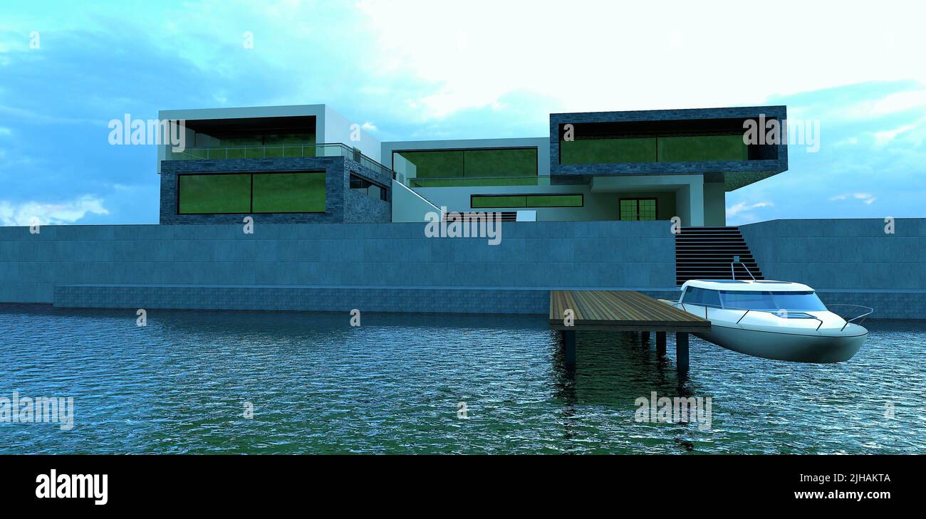 Modern high-tech villa with a flat roof on the banks of the river. A ...