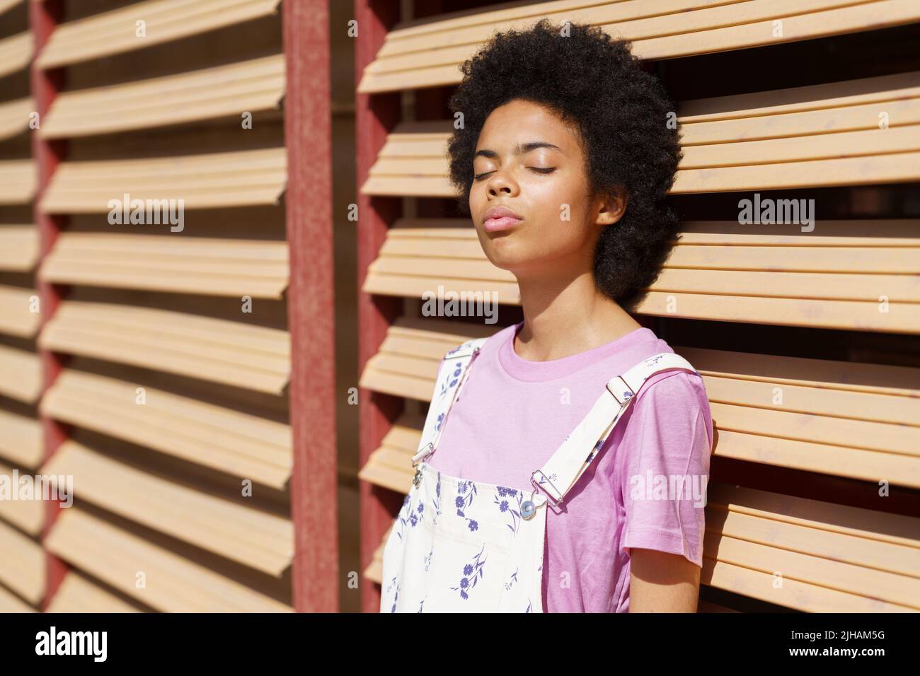 Tranquil black woman standing under sunlight Stock Photo - Alamy