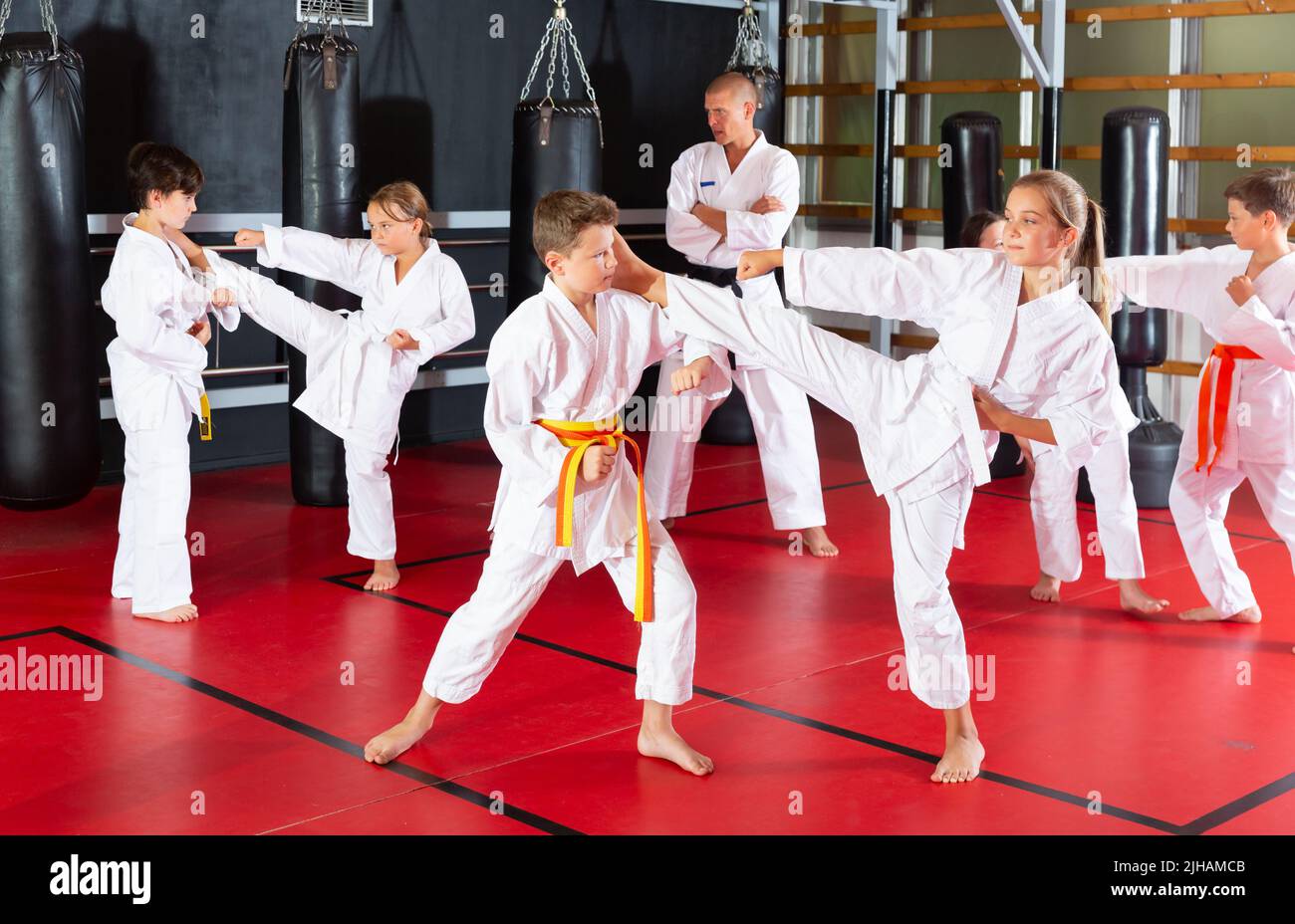 Kids in kimonos exercising techniques in pair during taekwondo class ...