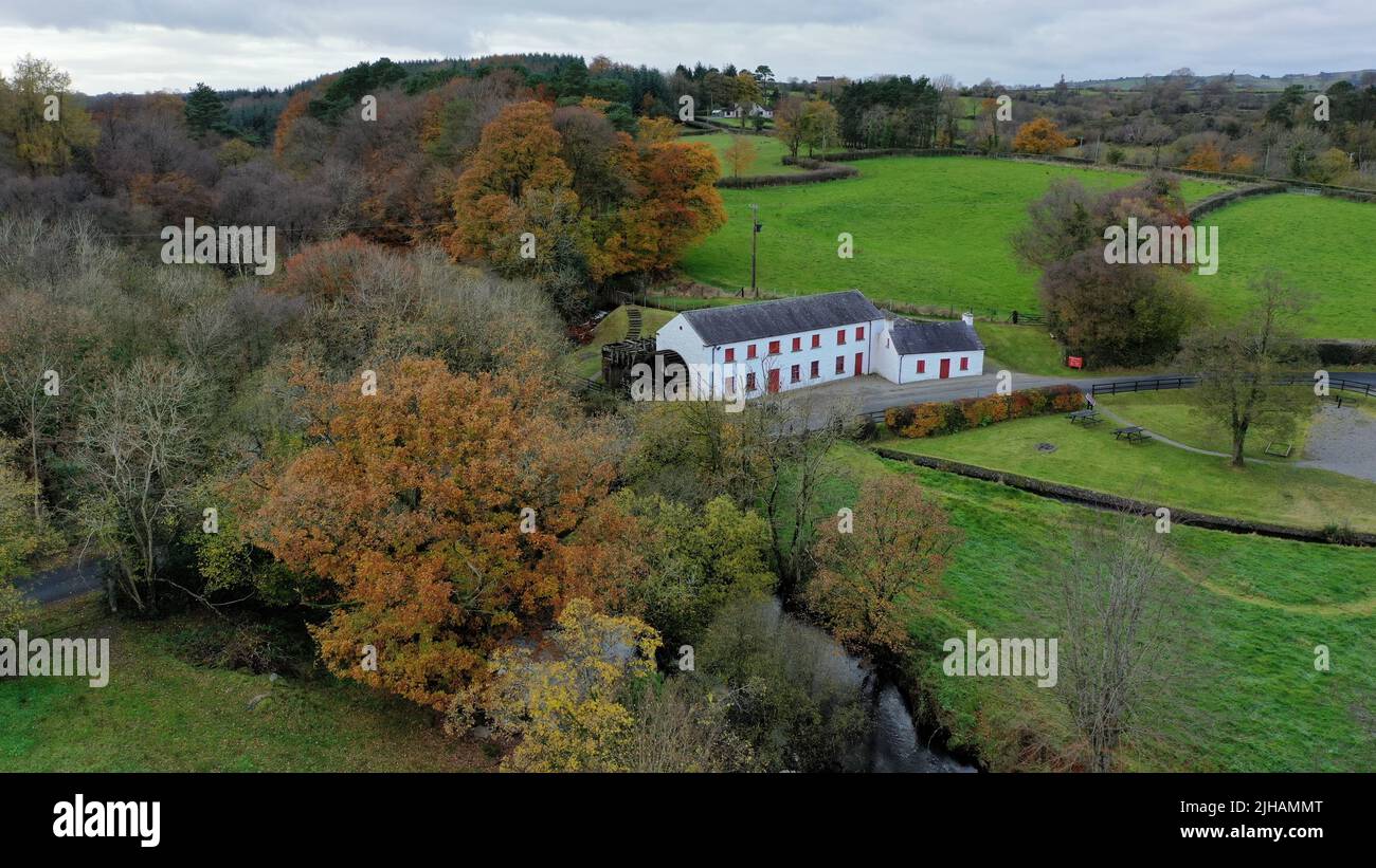 An aerial view of the Old Mill in the rural areas of Northern Ireland ...
