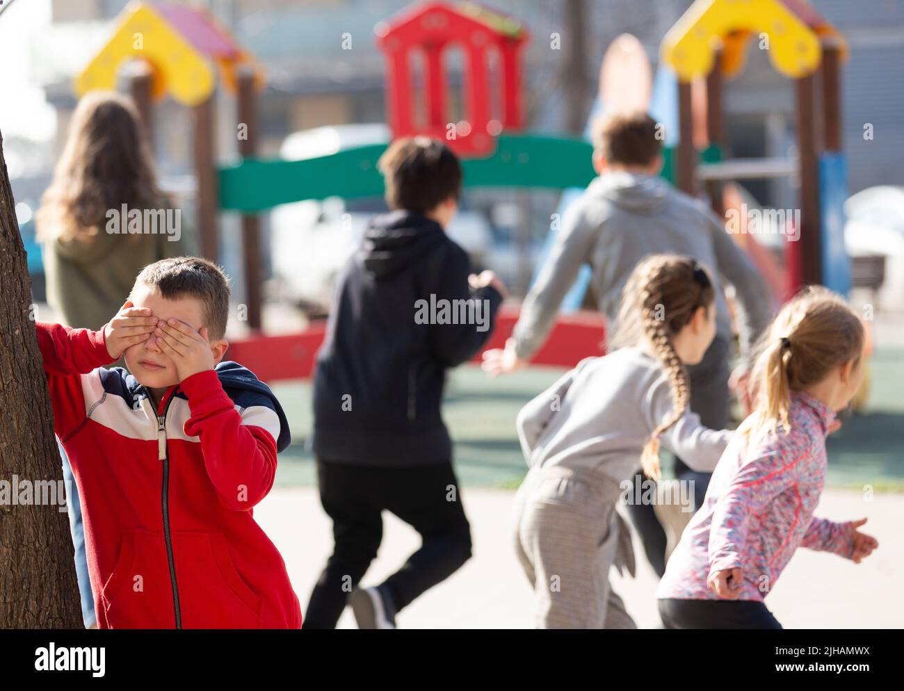 Boy playing hide and seek with friends Stock Photo - Alamy