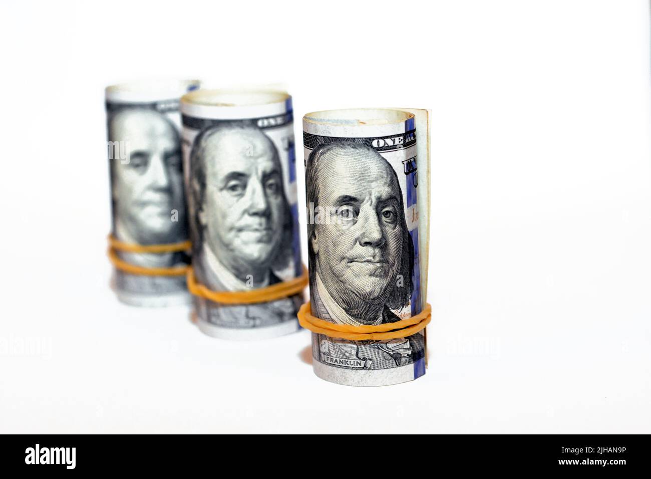 Bundles of money rolls of dollars isolated on white background, stack ...