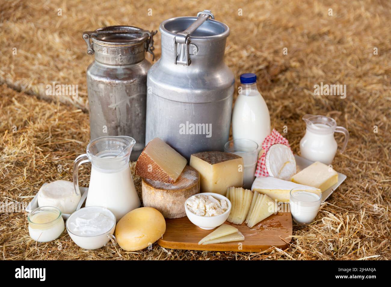 Milk and different dairy products at cowshed Stock Photo - Alamy