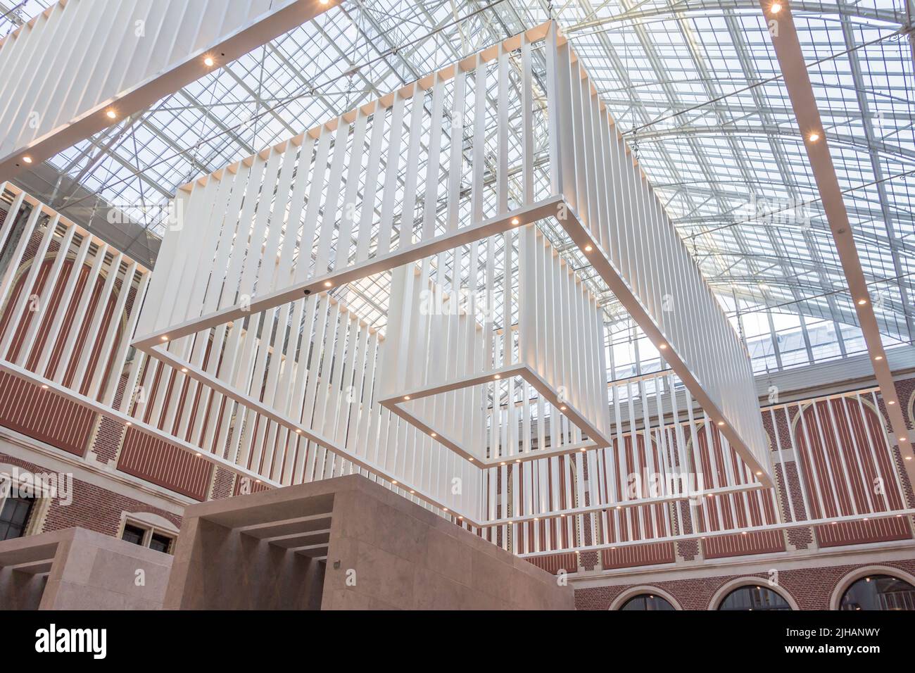 Interior design of a bog hall with glass roof and large lamp Stock ...