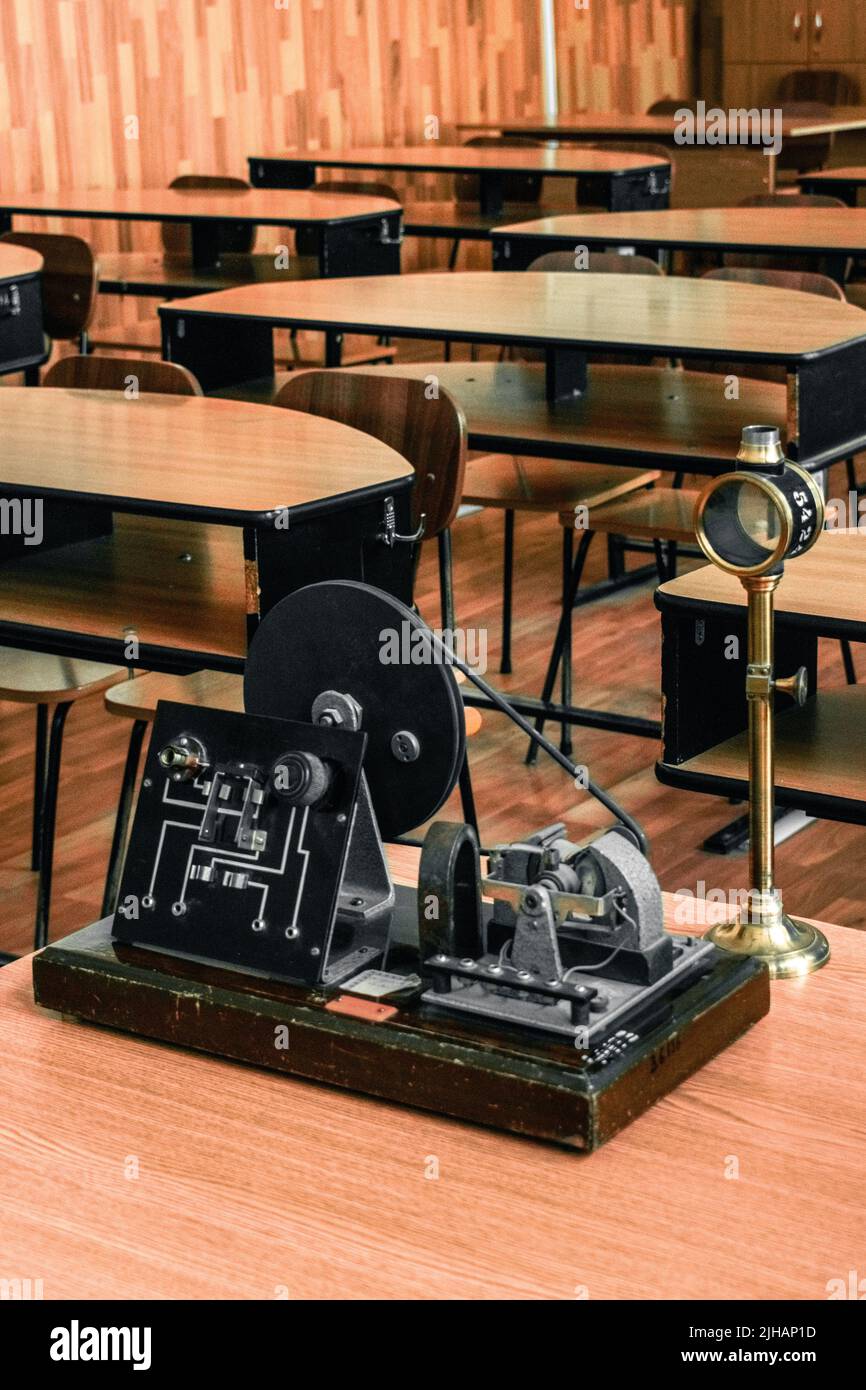 A close-up shot of a morse electromagnetic telegraph on a table Stock ...
