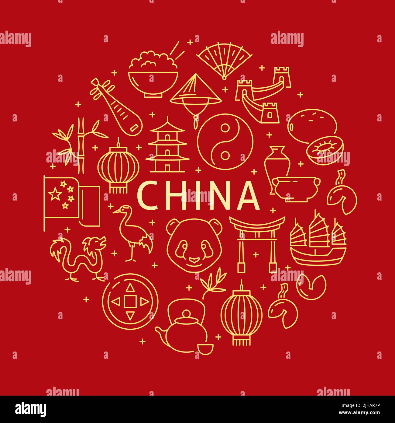 China round banner in line style. Chinese tradition symbols. Vector ...