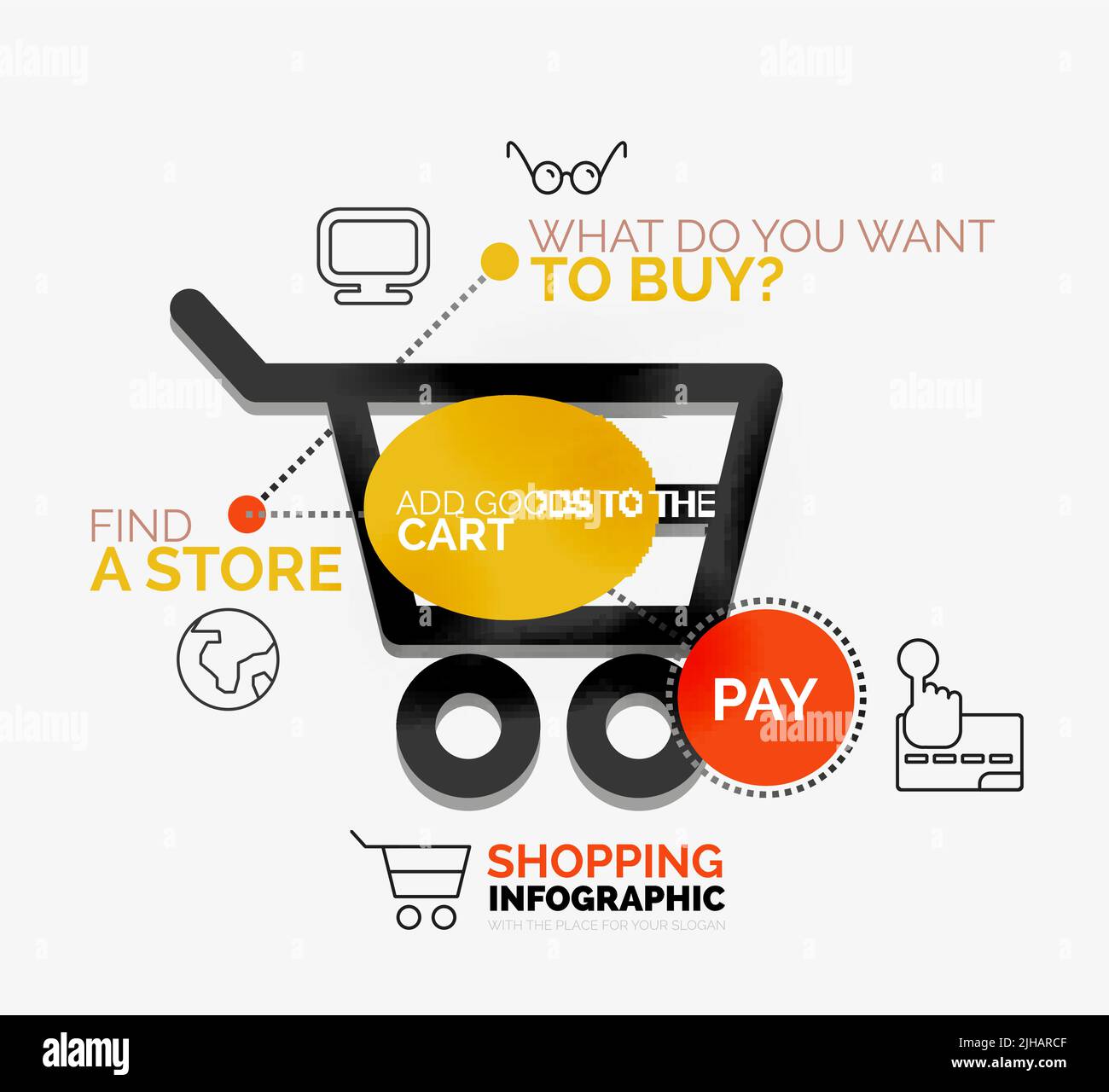 Vector flat line art concept - shopping cart with keywords workflow ...