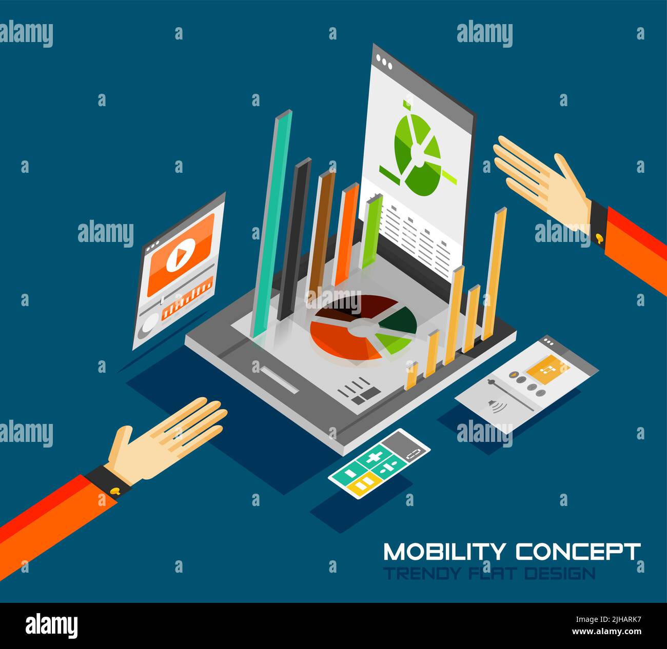 Mobility concept flat design. 3d tablet with graphics, calculator ...