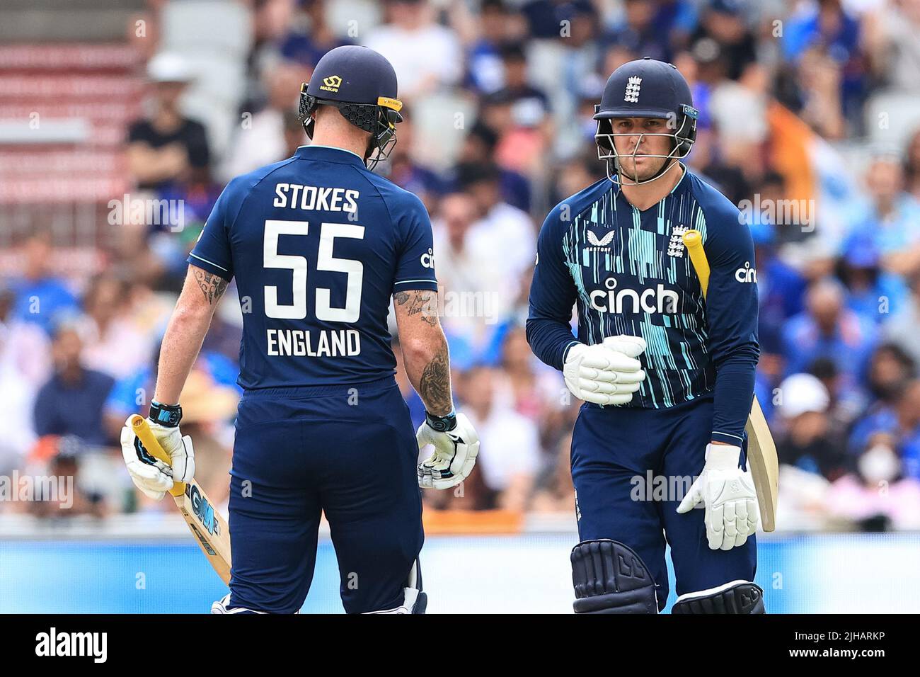 Jason Roy of England speaks to Ben Stokes of England after he hits a ...