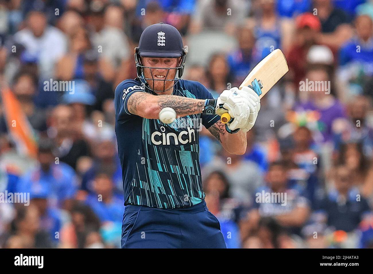 Ben Stokes of England makes one run off a high ball from Mohammed Siraj ...