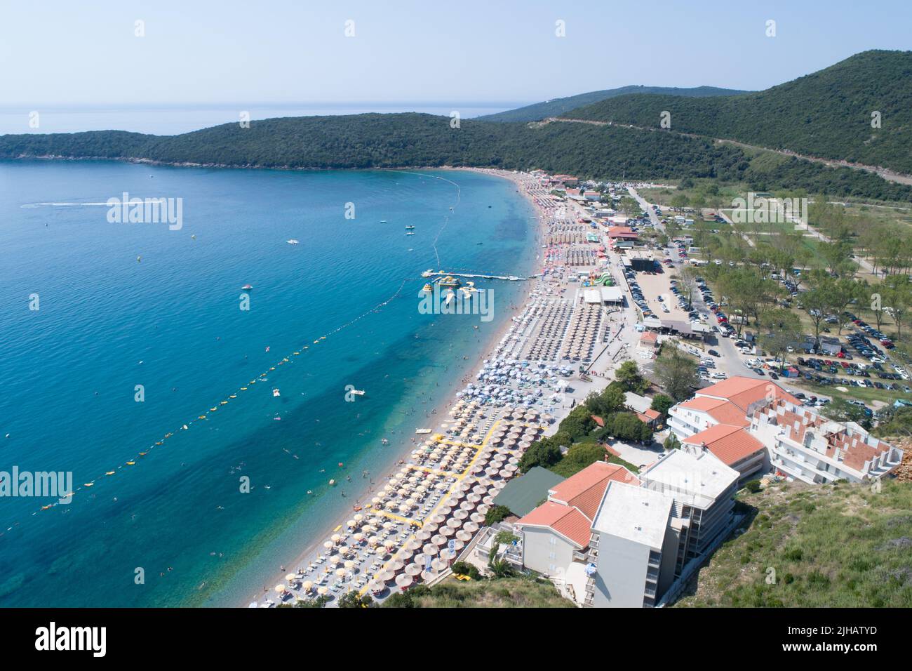 Jaz beach near Budva, Montenegro, Europe. Aerial view of Adriatic sea ...