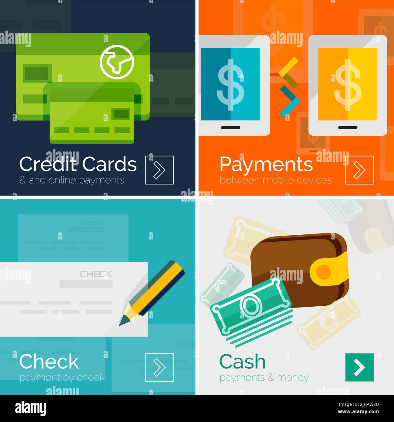 Set of flat design banners - payment online. Cash, check, mobile online ...